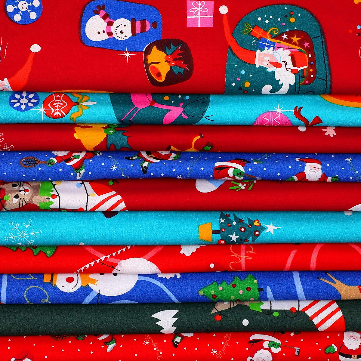 10 Pieces Christmas Fabric 18 x 22 Inch Christmas Fabric Bundles Sewing Squares Fabric Quilting Patchwork Christmas Tree Fat Quarters Precut Santa Claus Fabric Scraps for Christmas DIY Crafts