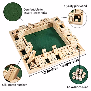 AMEROUS 12 Inches Shut The Box Family Game ( 1-4 Players ), 4 Sided Large Wooden Number Dice Board Game with 12 Dices and Shut The Box Rules for Kids, Adults