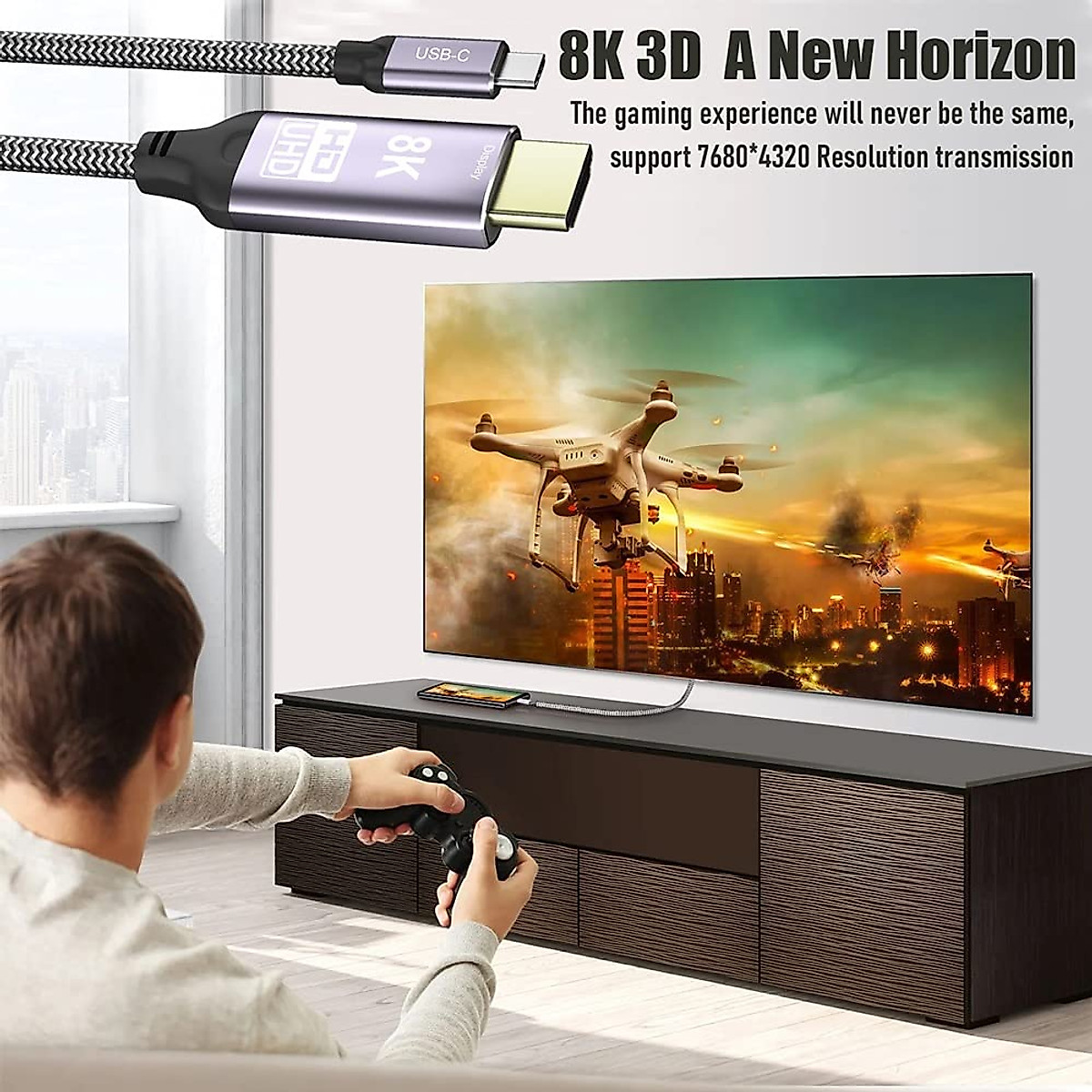 Angusplay 8K USB C to HDMI Cable 6.6ft Adapter Cord Support 4K 120Hz 8K 30Hz, Directional USB-C to HDMI Cable 2.1 Compatible with Thunderbolt 3