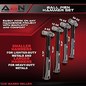 ABN Ball Pein Hammer 4-pc Set – 8, 12, 16, 24 oz Ounce – Fiberglass & Carbon Steel for Metal Rivet, Chisel, Punch