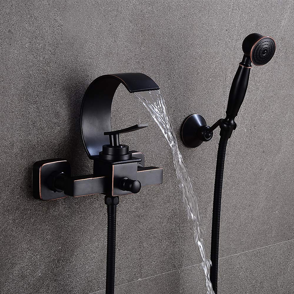 Wovier Oil Rubbed Bronze Waterfall Wall mount Bathtub Faucet,Single Handle Tub & Shower Mixer with Hand Held Shower Set,Black