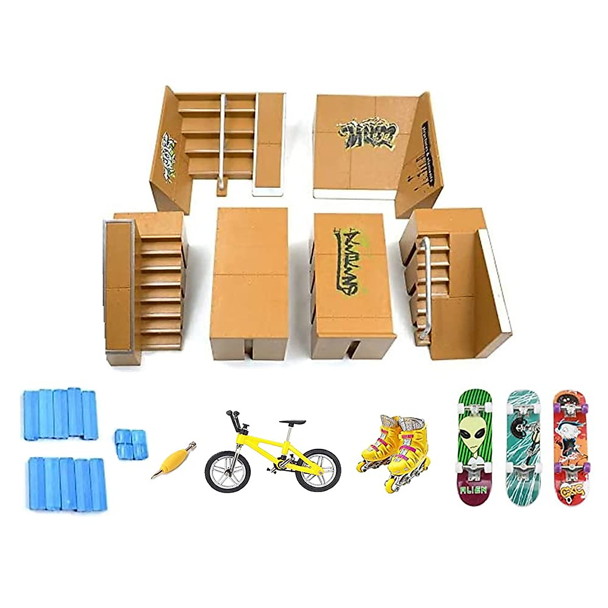 Skate Park Kit, Finger Skateboard Ramp Set -1 Finger Bike -3 Finger Skateboards -1 pair of skates and 8PCS Skate Parks for Finger Skateboard Ultimate Parks Training Props and Finger Toys