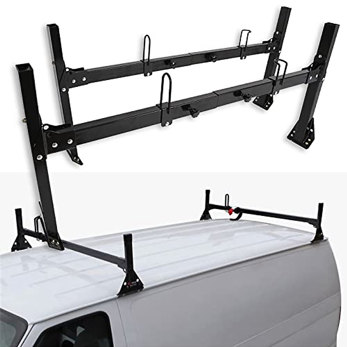 ECCPP Adjustable Van Ladder Rack Hightop 2 Bars Roof Rack fit for 96-18 for Chevy Express with Rain Gutters Heavy-Duty Steel Pickup Truck Ladder Rack 700Lb Universal Lumber Utility