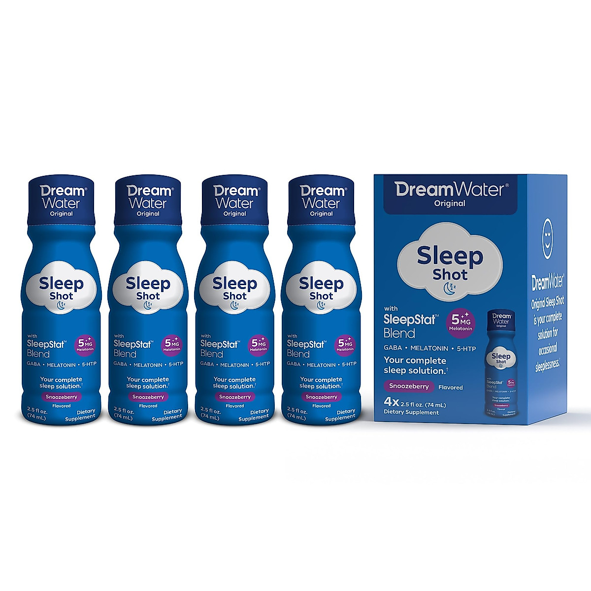 Dream Water Sleep Aid Supplement Drink; Melatonin 5mg, GABA, 5-HTP; Zero Sugar, Natural Flavors, No Added Colors, 2.5 oz Liquid Sleep Shots, Snoozeberry, 4-Count