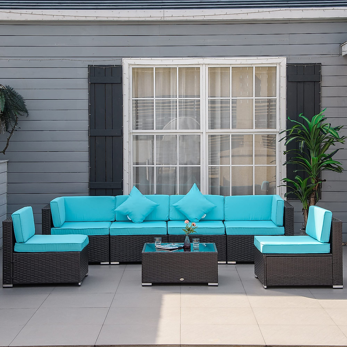 Outsunny 7-Piece Patio Furniture Sets Outdoor Wicker Conversation Sets All Weather PE Rattan Sectional Sofa Set with Cushions & Tempered Glass Desktop, Turquoise