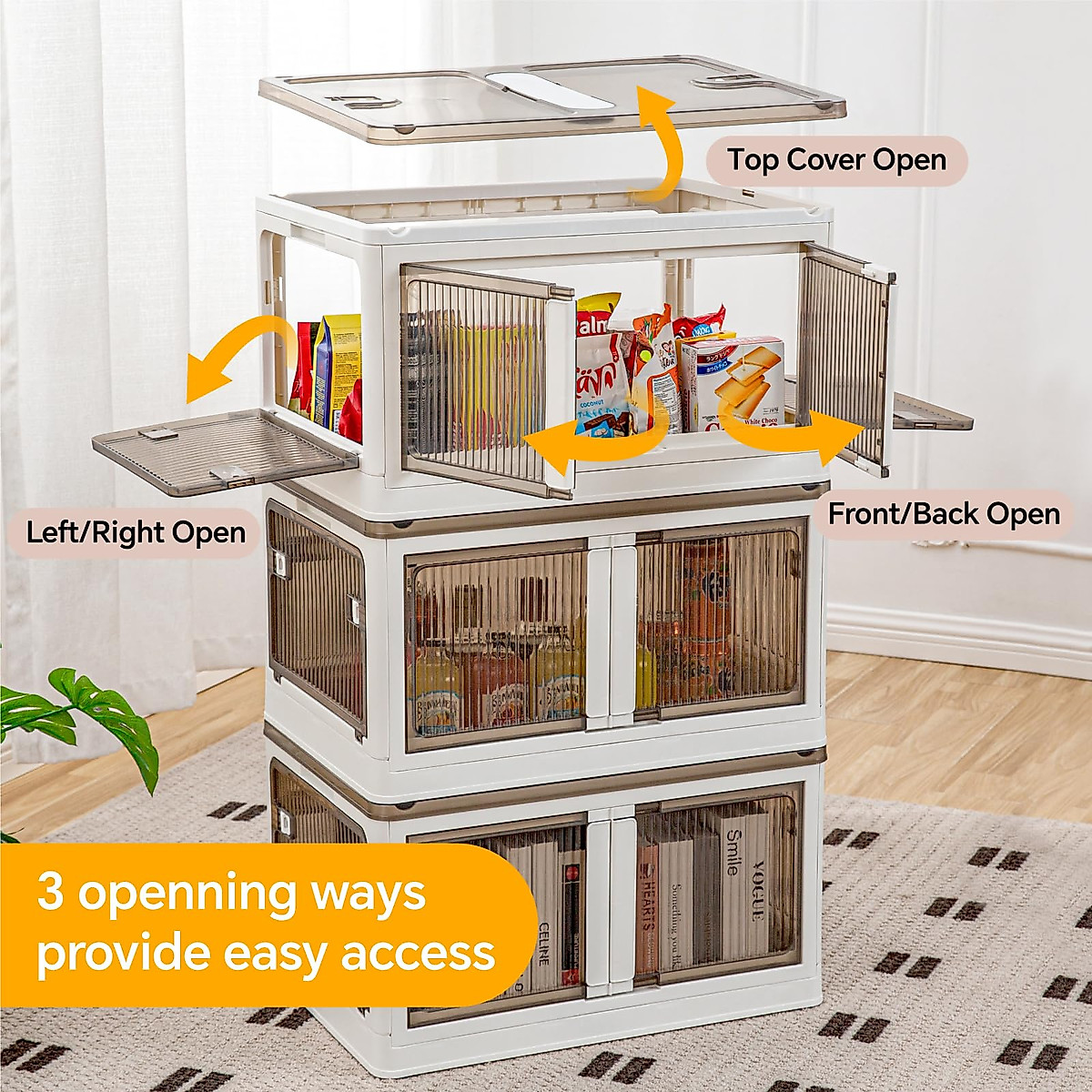 Collapsible Storage Bins 3 Tier 92 Qt Each- Plastic Stackable Storage Bins with Lids and Wheels, 276 Qt/ 69 Gal Large Foldable Organization and Storage Box for Home and Office, White