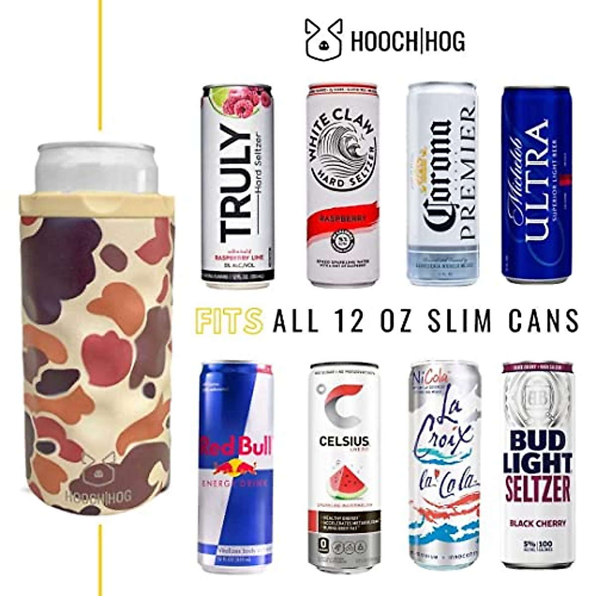 Hooch|Hog Old School Camo Slim Can Cooler for 12 oz. Skinny Cans + Old School Camo Floating Drink Holder