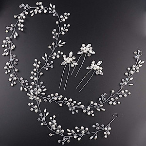 Deniferymakeup Bridal Rose Gold and Gold Silver Extra Long Pearl and Crystal Beads Bridal Hair Vine Wedding Head Piece Bridal Hair Accessories Headband Hair Jewelry Hair Accessories (Silver)