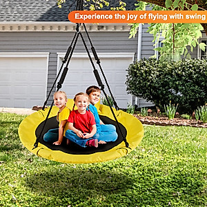 Saucer Tree Swing for Kids, LITTLELOGIQ 40 Inch Outdoor Swing Sets for Backyard, Round Flying Swing with 2 Hanging Straps, 700lb Capacity, Adjustable Ropes, Easy Setup, for Adults & Kids - Yellow