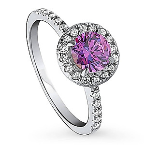BERRICLE Sterling Silver Halo Purple Round Cubic Zirconia CZ Fashion Ring for Women, Rhodium Plated Size 4