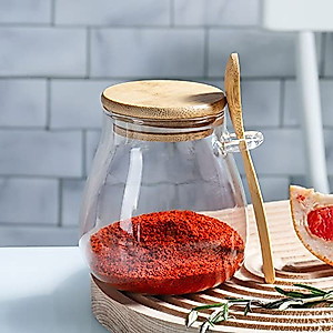 Joeyan Glass Jar with Airtight Bamboo Lid and Spoon Attached, 12 oz Salt Sugar Spice Seasoning Container, Clear Condiment Pot, Glass Food Storage Canister for Kitchen Countertop Pantry, Set of 2