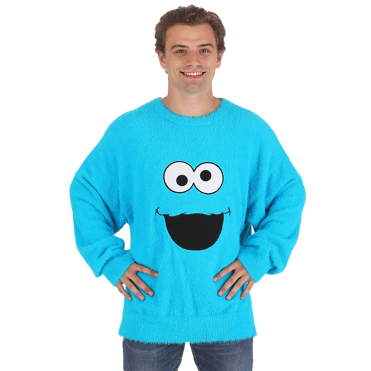 Fun Costumes Sesame Street Cookie Monster Fuzzy Oversized Sweater for Adults | Muppets Pullover Cosplay Clothing & Apparel L Blue