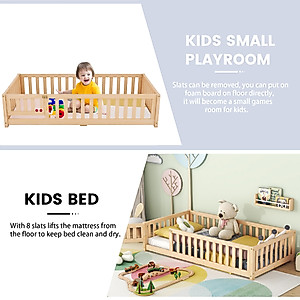 Harper & Bright Designs Twin Size Floor Bed Frame, Wooden Twin Montessori Floor Bed with Rails, Door and Support Slats, Kids Twin Size Bed Frame for Boys & Girls, Natural