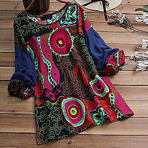 JOFOW Blouses Womens Loose Cotton Linen Patchwork Totem Geometric Pattern Print Long Sleeve Shirts Boat Crew O Neck Tops (L,Hot)