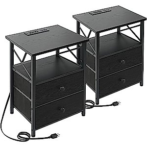 AMHANCIBLE Night Stand Set 2, Black Nightstand with Charging Station, End Tables Living Room with USB Ports and Outlets, Bed Side Tables Bedroom with Drawers HET05XBK