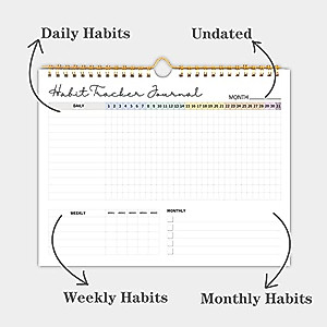 Habit Tracker - Daily Habit Tracker Journal and Goal Board with Gold Spiral Binding, 12 Months Undated Daily Weekly and Monthly Gradients Habit Tracker Calendar to Boost Productivity, 8.5" x 11.5"