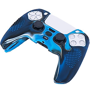 YoRHa Studded Silicone Cover Skin Case for PS5 Controller x 1(Camouflage Blue) with Pro Thumb Grips x 10