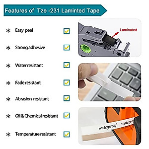 2Pack TZ Tape 12mm 0.47 Laminated White Tape Compatible for Brother P-Touch TZe-231 TZe231 Label Maker Tape for Brother PTouch PTH110 PTD210 PTD220 PTD600, 26.2Ft(8m)