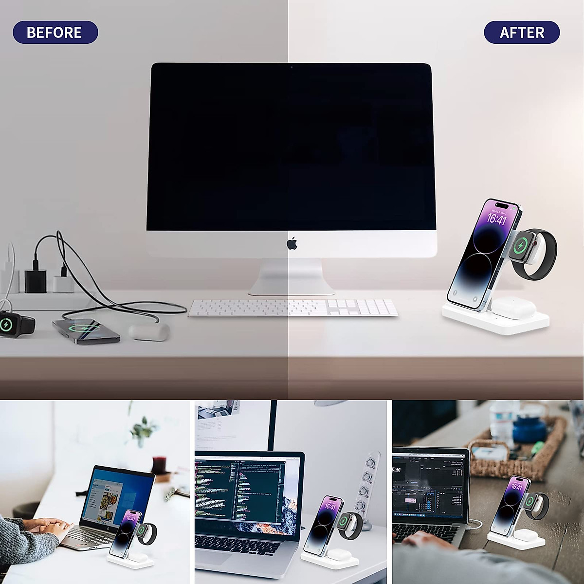 Wireless Charger for iPhone, 3 in 1 Foldable Phone Charger Stand Dock, Fast Wireless Charging Station for Apple Watch 7/6/5/4/3/2/Se, for Airpods 3/2/Pro, for iPhone 14/13/12/11/Pro/Max/Plus