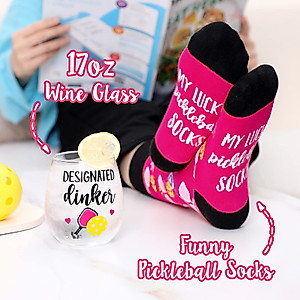 Nefelibata Pickleball Gifts Set Lucky Pickleball Crew Socks 17oz Designated Dinker Stemless Wine Glass Funny Gifts for Women Coach Mom Birthday Christmas Retirement Gift Idea Mother's Day