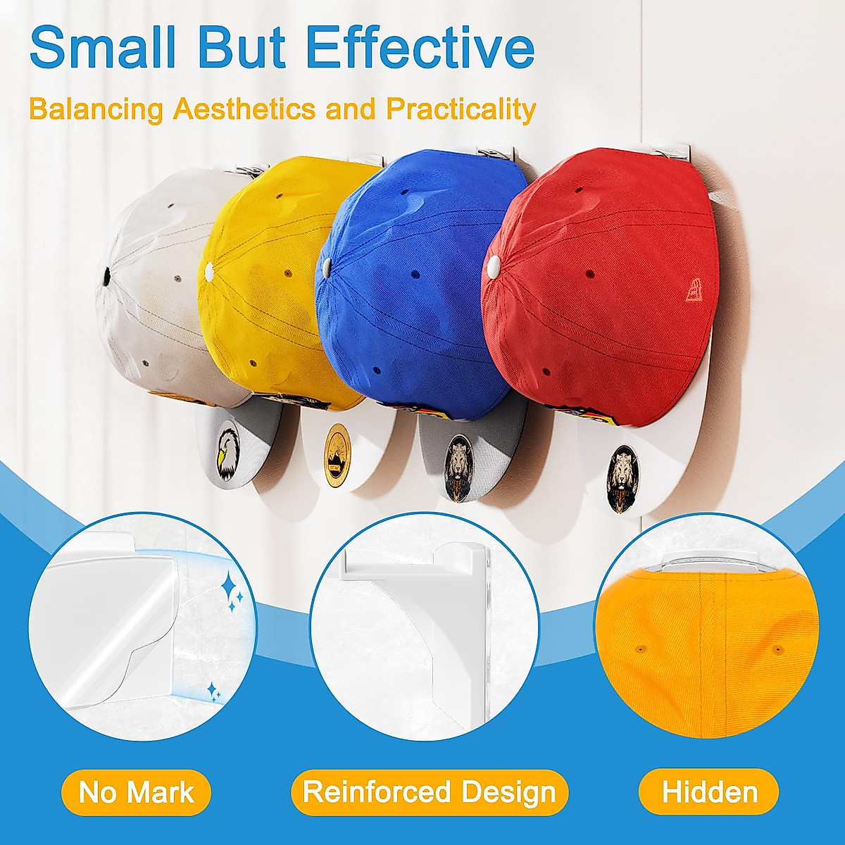 Yeeriroon 24 Pack Adhesive Hat Rack for Wall, Hat Organizer for Baseball Caps, Strong Multi-Purpose Hat Hooks, Hat Holder Hanger on Wall, Door, Closet, No Drilling (White)