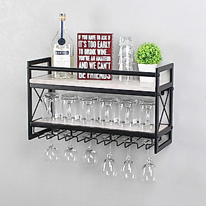 MBQQ Wine Rack Stemware Glass Rack,Industrial 2-Tier Wood Shelf,24in Wall Mounted Wine Racks with 6 Glass Holder for Wine Glasses,Mugs,Home Decor,Black