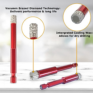 Superior Diamond Tools Dry Diamond Drill Bits - 4pcs - 1/4'' (6mm), 5/16'' (8mm), 3/8'' (10mm), 1/2'' (12mm) - Quick Change Hex Shank - Tile Drill Bits - Ceramic Drill Bit - Porcelain Drill Bits
