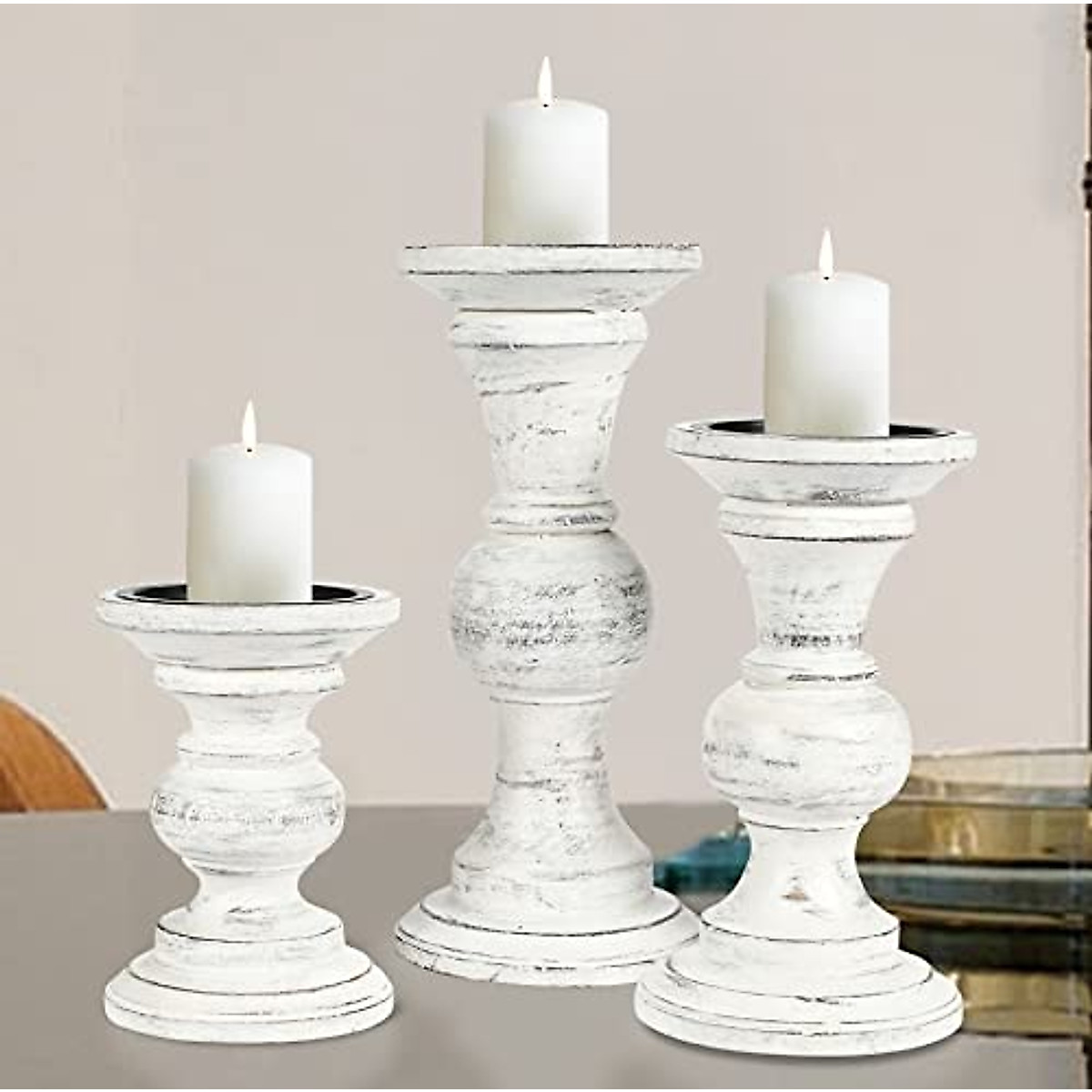 Candle Stands Wooden for Pillar Candles,Rounded Turned Colums, Sustainable Woods, Country Style, Ideal for Reiki, Aromatherapy, Votive Candle Gardens Home décor - 10,8,6 Inch Set of 3 - Antique White