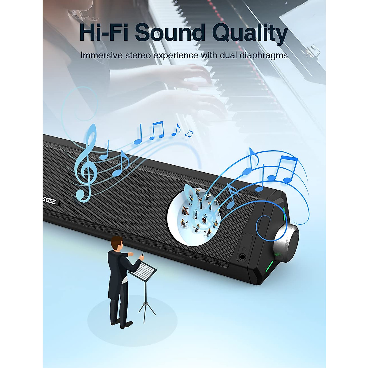 Computer Speakers, Bluetooth Soundbar, HiFi Stereo, 3.5mm Aux-in Connection, USB Powered Speakers for Desktop Monitor, PC, Laptop, Tablets