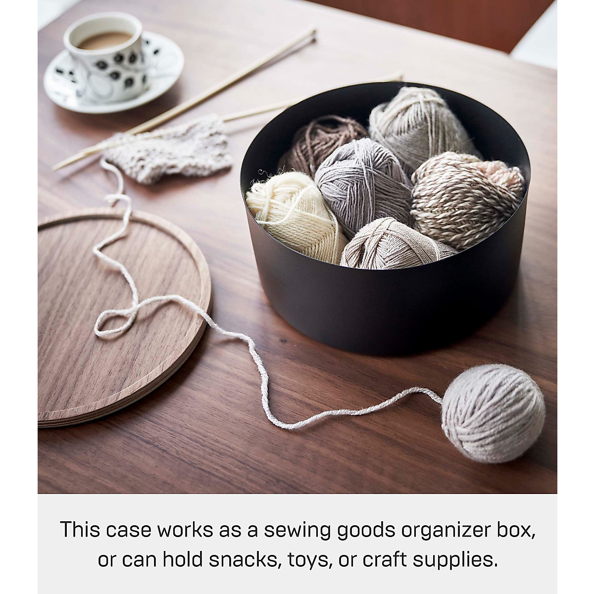 Yamazaki Home Rin Round Storage Case, Snacks, Toy, Or Craft Supplies Holder, Sewing Box Organizer, Wooden Lid Tray - Tall - Steel + Wood