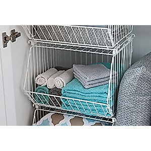 IRIS USA 17" Modular Wire Stacking Storage Basket, Great Storage for Linens, Groceries, Toys, Books, and More, Stackable, Easy Assemble, Multipurpose Home Organizer, White