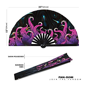 Octopus hand fan foldable handmade bamboo circuit rave hand fans Angry Iridescent Rainbow Octopus Mandala Decor Animal Fan outfit party gear gifts music festival rave accessories (Style 2)