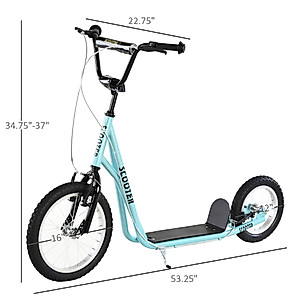 Aosom Youth Scooter, Teens Kick Scooter, Adjustable Handlebar Ride On Toy for 5+ with 16" Front and 12" Rear Dual Brakes Inflatable Wheels, Blue