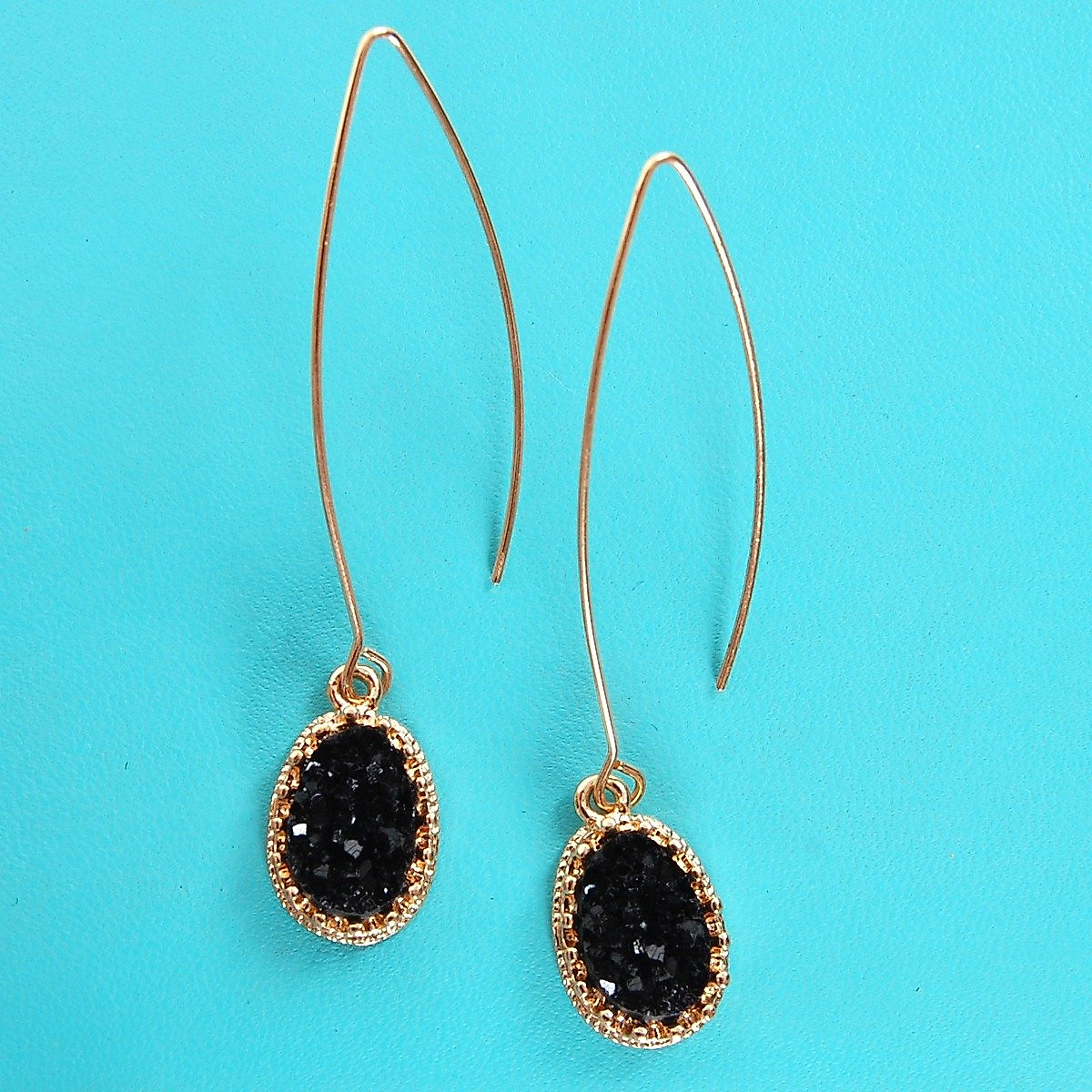 Black and Gold Earrings for Women - Black Dangle Earrings for Women, Long Black Earrings for Women Dangling, Boho Black Drop Earrings for Women, Simulated Druzy Gold Tone Black Statement Earrings