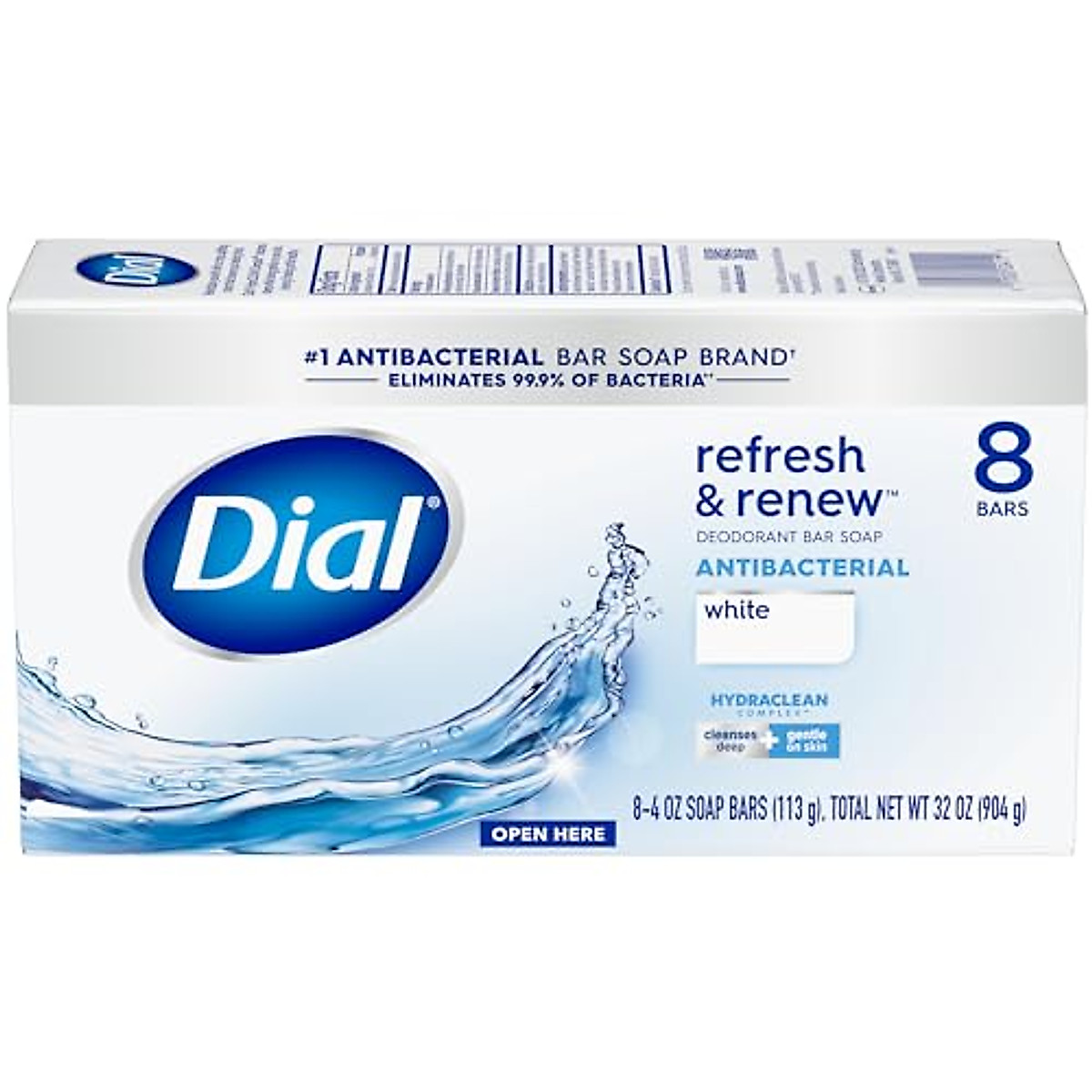 Dial Antibacterial Bar Soap, Refresh & Renew, White, 4 oz, 8 Bars