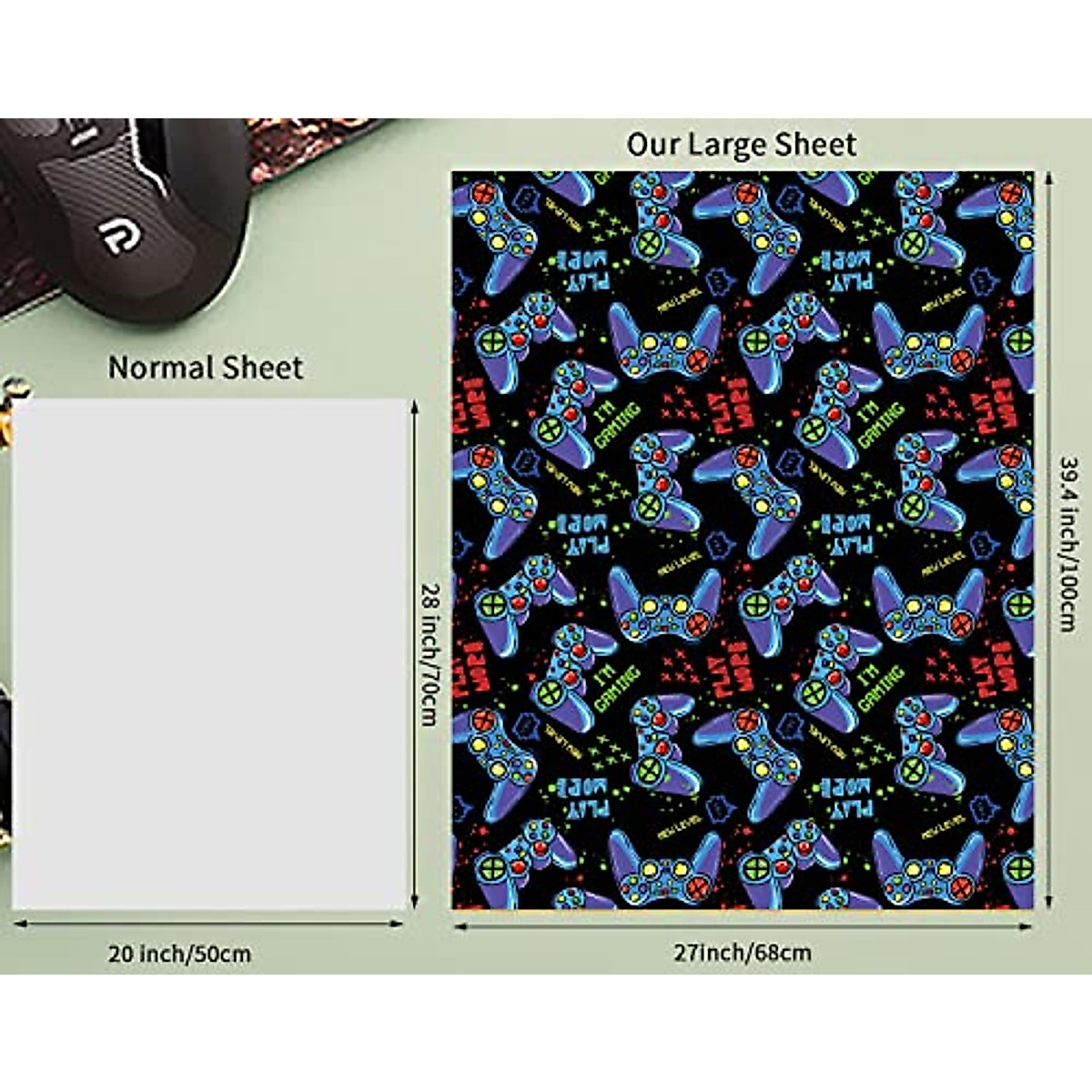 BULKYTREE Gaming Wrapping Paper with Cut Lines for Kids Boys Girls Men Birthday Holiday Party - 3 Large Sheets Video Game Gift Wrap “I'M Gaming”, Gamepad, “Play Game” Gift - 27 Inch X 39.4 Inch Per Sheet