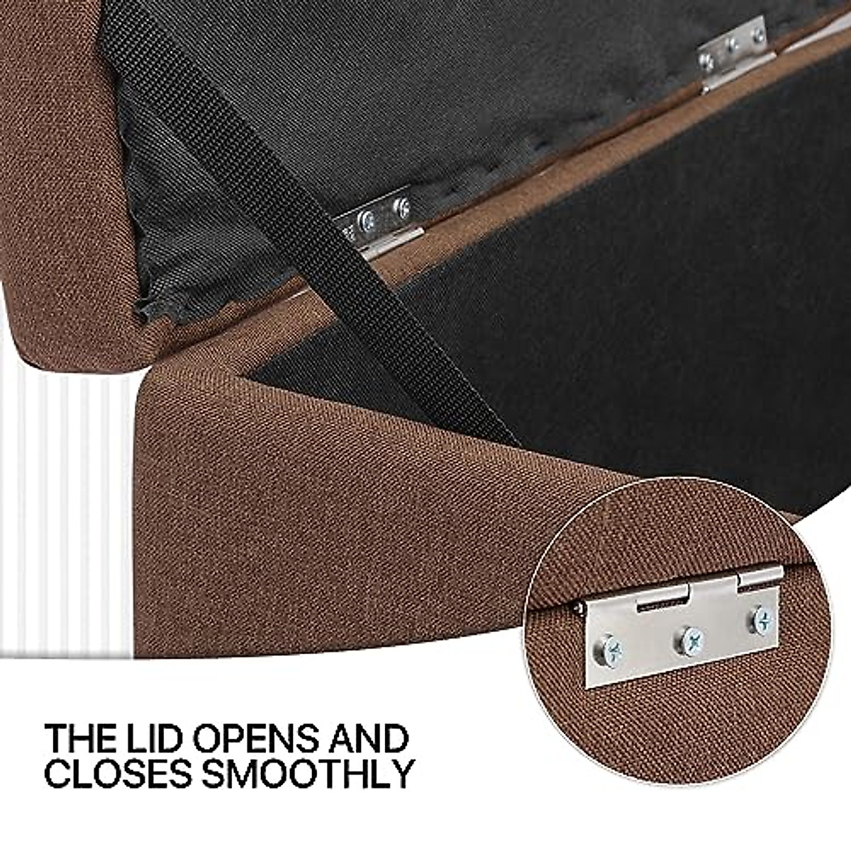 MoNiBloom 24 Inch Modern Storage Ottoman Bench, 40L Inner Space Brown Linen Foot Stool for Bedroom, Upholstered Padded Rectangular Fabric Tufted Bench Footrest with Wood Legs with 660 Lbs Capacity
