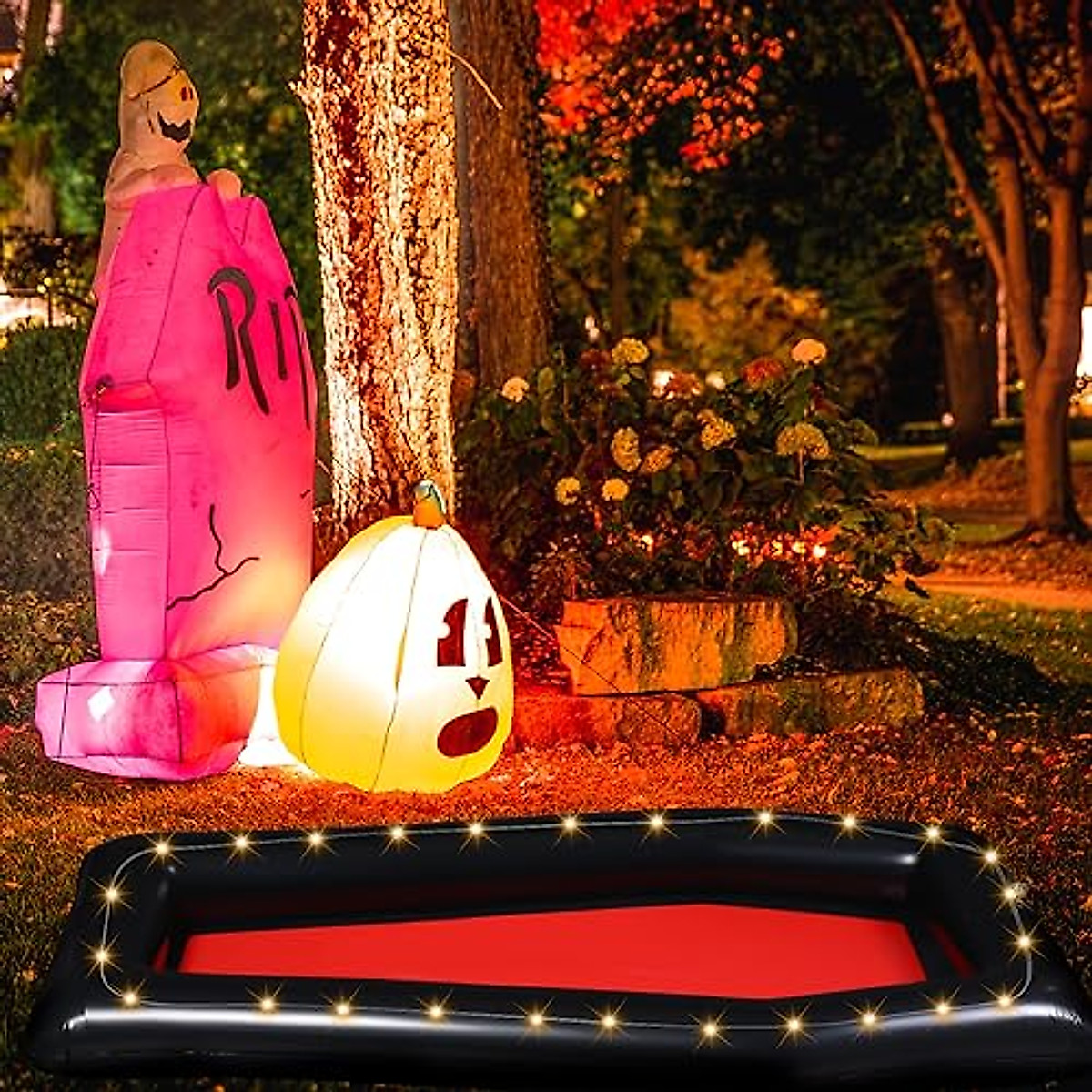 Leyndo 28 Pcs Halloween Inflatable Cooler Set, 52 Inch Coffin Buffet Coolers, Ice Serving Bar Halloween Rubber Ducks with LED Light Strings for Beach Pool Party Barbecue Picnic Halloween Decor Favors