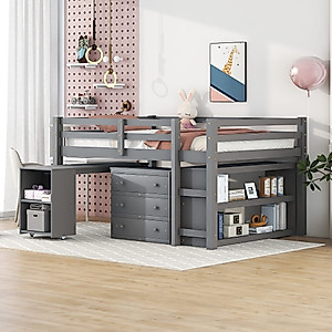 Bellemave Low Full Loft Bed with Desk and Dresser Wood Kids Loft Beds Frame with Cabinet & Storage Shelves & Rolling Portable Desk for Juniors, Teen, Boys, Girls, Full Size, Gray