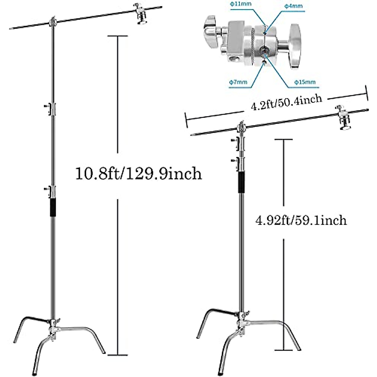 Lapgood Stainless Steel Heavy Duty C-Stand with Boom Arm,10.8ft/330cm Adjustable Photography Stand with 4.2ft/128cm Holding Arm,2 Grip Head,Sandbag,Storage Bag for Studio Monolight, Softbox, Reflector