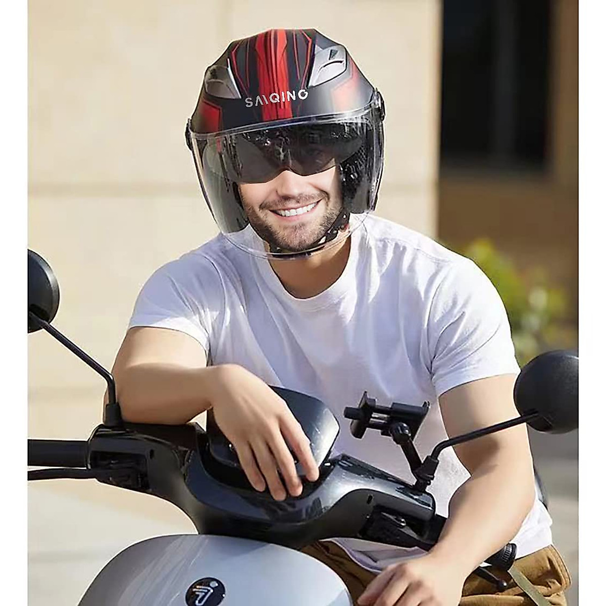 Motorcycle Helmet,Adult Open-face Motorbike Helmet Double Visor 3/4 Open Face Sun Shield Scooter Street Dirt Bike Helmet DOT Approved (X-Large, RED)