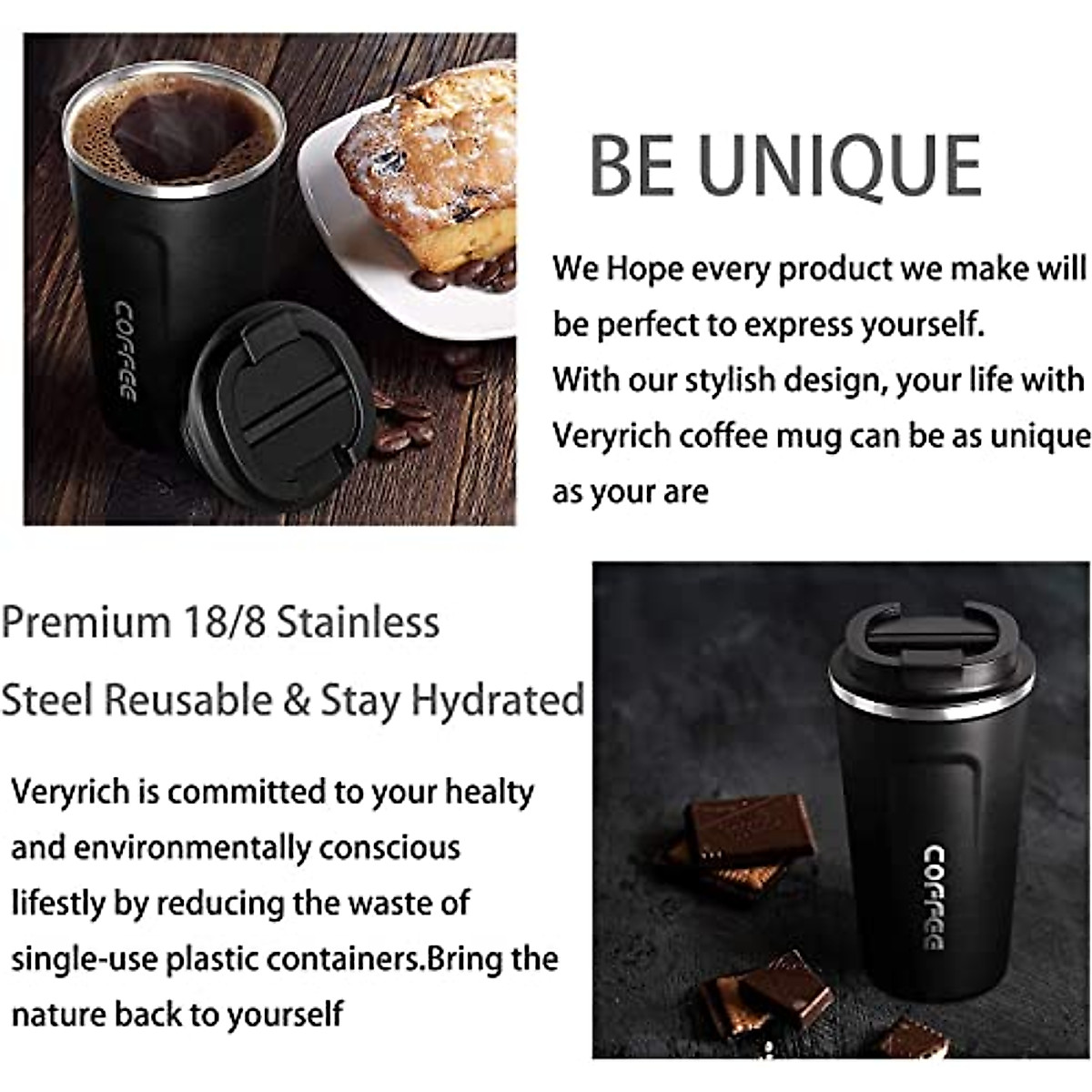 Insulated Coffee Mug with Lid, 18oz Vacuum Stainless Steel Tea Tumbler Cup, Durable Double Wall Leak-Proof Reusable Coffee Cup Thermos Mug for Travel Office School Party Camping (Black)