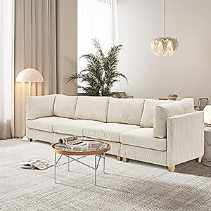 Melpomene Convertible L-Shaped Modular Sofa Couch, Modern Sectional Sofa Couch Corduroy Fabric with Solid Wood Legs for Living Room Apartment(Beige)