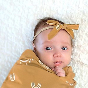4 Pieces Light Yellow Rainbow Baby Swaddle Set Muslin Baby Swaddle Blanket Matching Hat Bow Headband Wooden Birth Announcement Card for Hospital Newborn Boy Girl 0-3 Months Receiving (40 x 40 Inch)