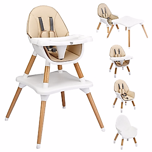 BABY JOY 5 in 1 High Chair, Convertible High Chairs for Babies and Toddlers/Booster Seat/Table and Chair Set, Infant Wooden Highchair w/ 5-Point Harness, 4-Position Removable Tray & PU Cushion (Khaki)