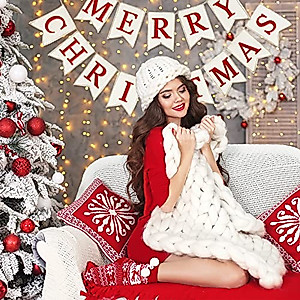 Whaline Christmas Burlap Banner Felt Merry Christmas Banner Pre-Assembled White Red Xmas Bunting Garland Celebration Hanging Decorations for Christmas Party Supplies Home Decoration