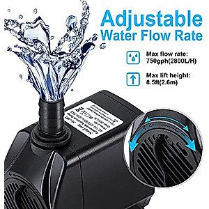 SongLong 750GPH Submersible Pump, Ultra Quiet Water Pump with 8.5ft High Lift, Fountain Pump with 5.9ft Power Cord, 3 Nozzles(0.510.630.75) for Fish Tank, Pond, Aquarium, Statuary, Hydroponics