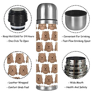 Stainless Steel Leather Vacuum Insulated Mug Bear Thermos Water Bottle for Hot and Cold Drinks Kids Adults 16 Oz