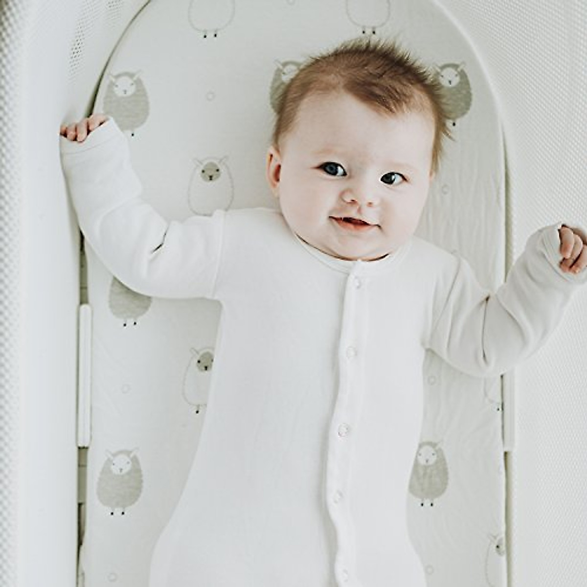 Bassinet Fitted Sheets Compatible with Halo, Fisher Price, Delta, Graco – Fits Perfectly on 15 x 33 Inch Oval, Rectangular Mattress Pad – Snuggly Soft Jersey Cotton – Grey Stripes, Lamb – 2 Pack