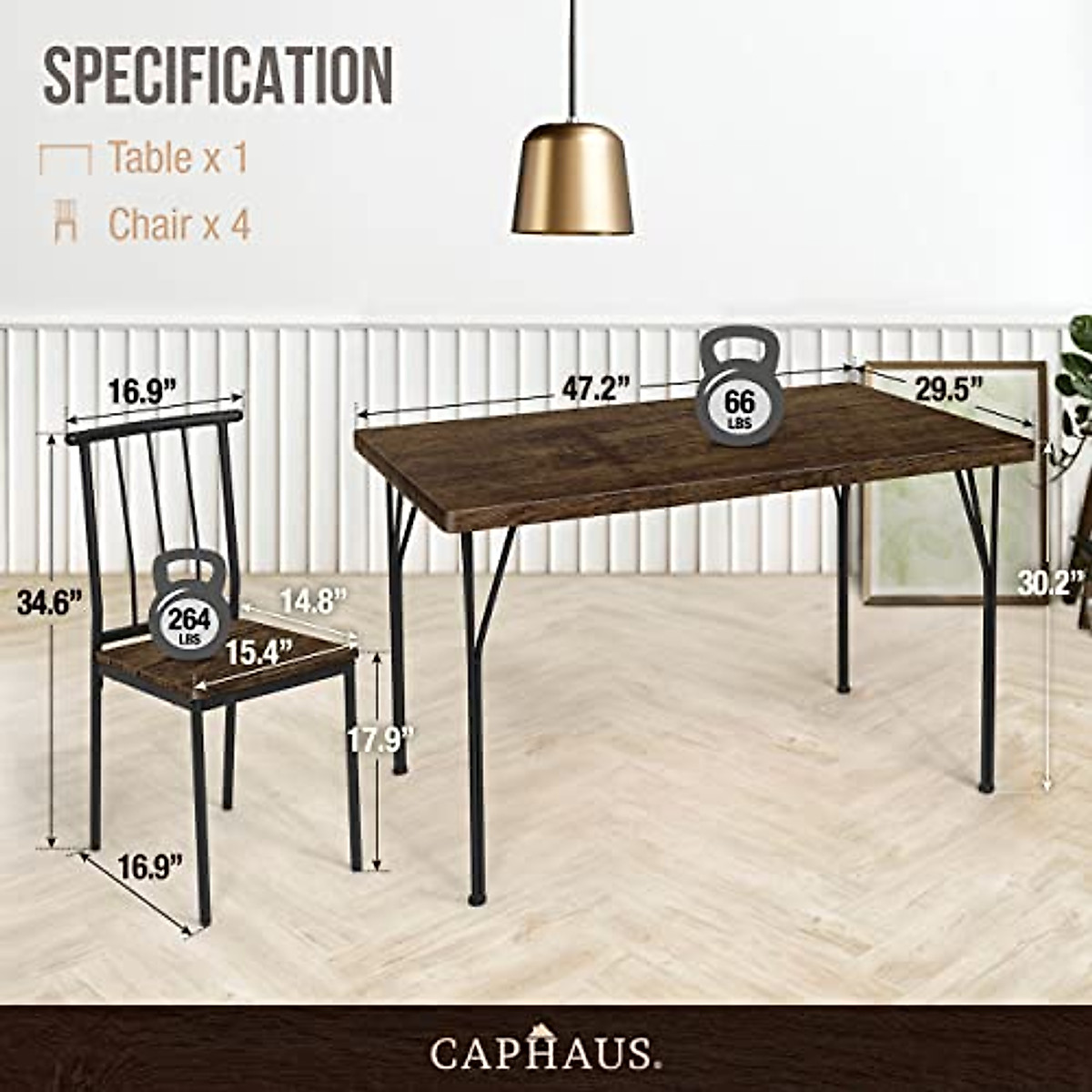 CAPHAUS 5 Pieces Dining Table & Chairs Set for 4, Space-Saving Rectangle Table w/Four Chairs for Kitchen, Dining Room, Breakfast Nook, Dinette, Modern Design Set, Brown Oak